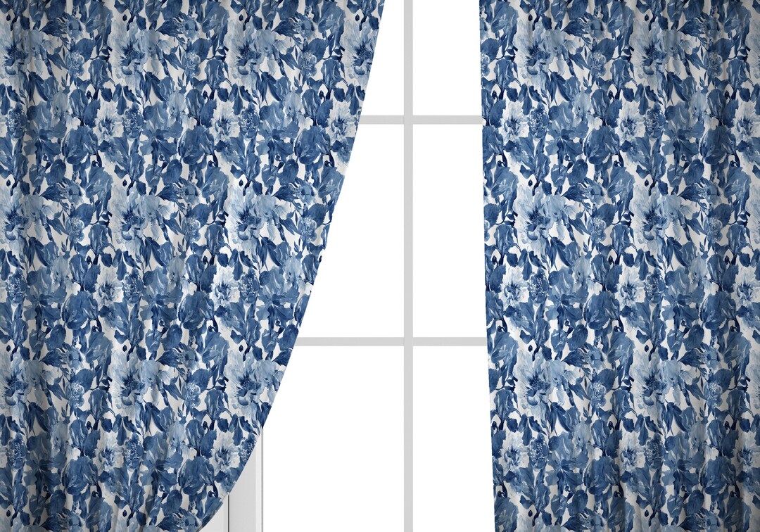 Blue Watercolor Floral Curtain, Rod Pocket Style, Custom Size CU082A - Etsy