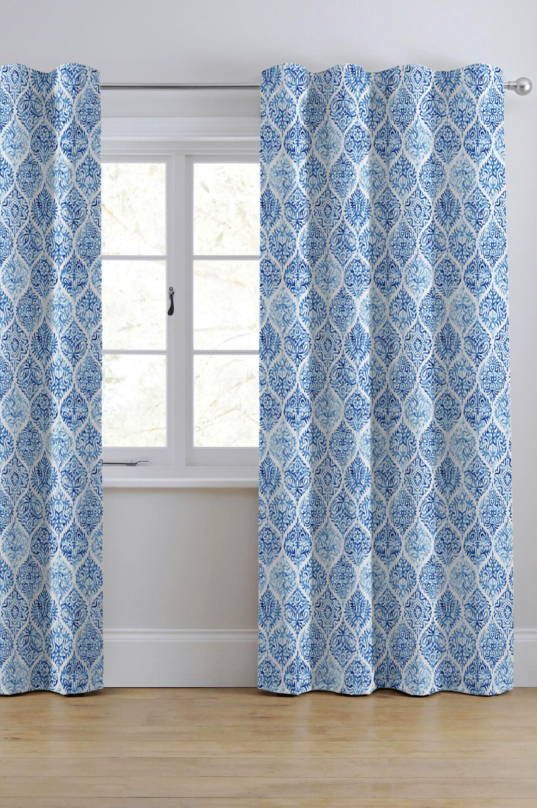 Blue White Back Tab Curtain Watercolour Traditional Pattern Luxury ...
