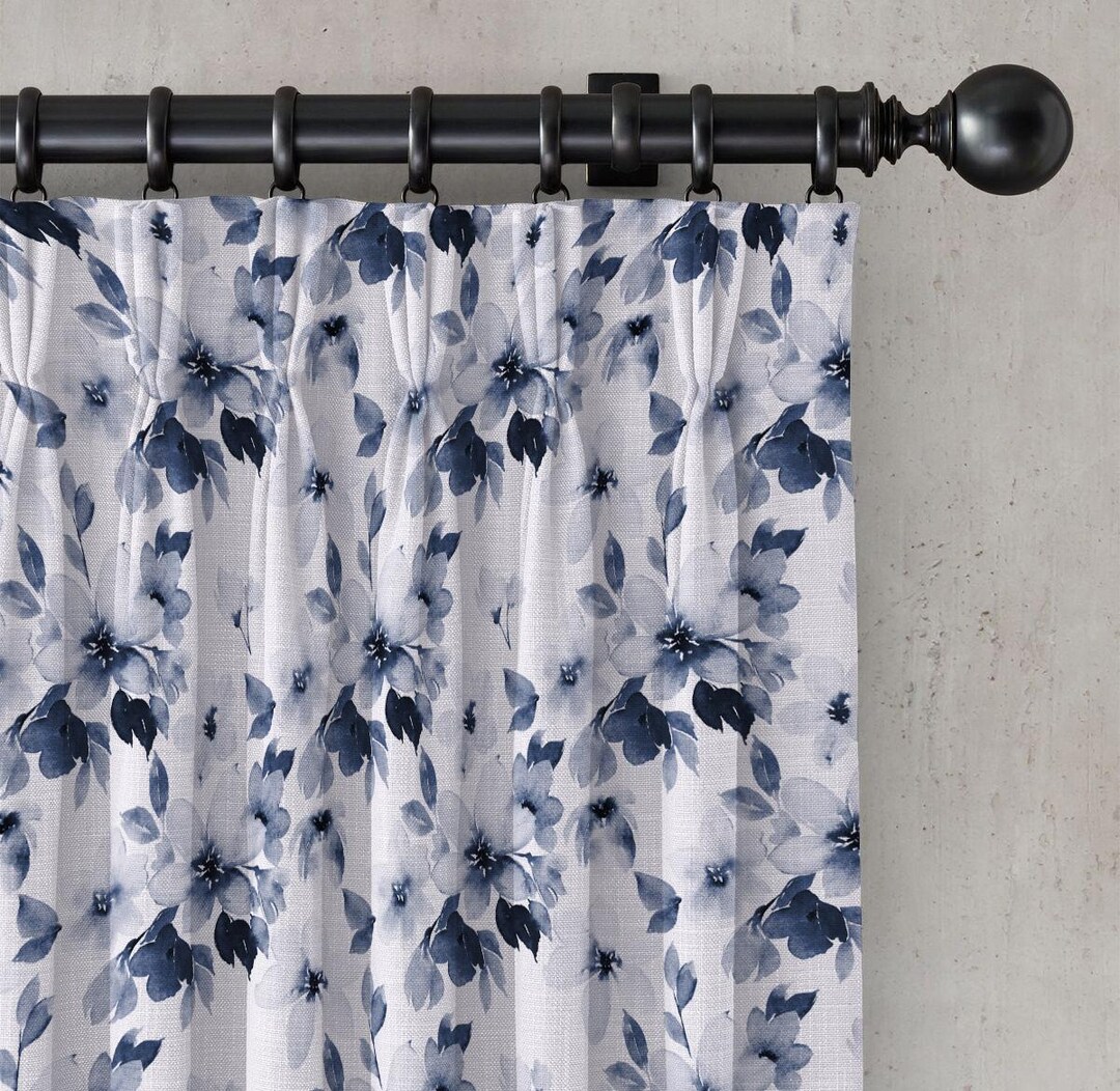Blue Floral Watercolour Print Curtain, Triple Pinch Pleat CU327E - Etsy