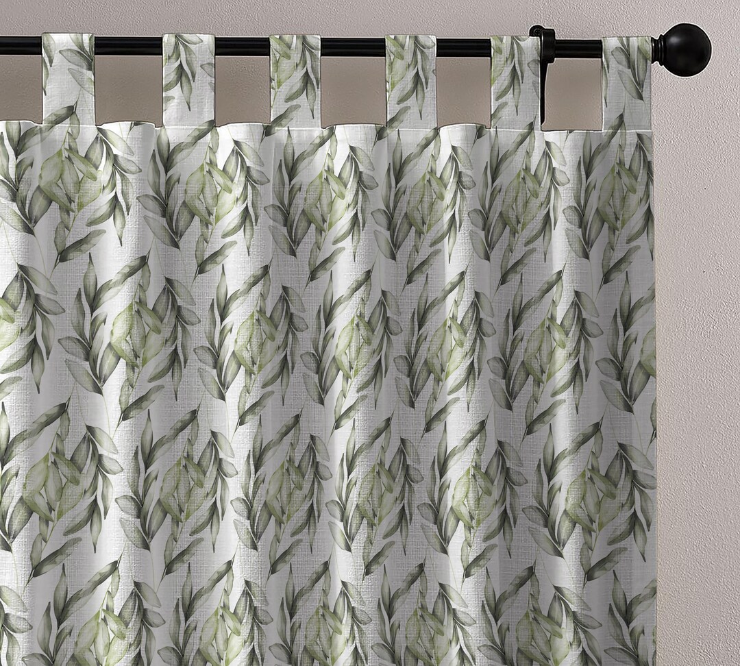 Sage Green Tab Top Curtain Watercolour Eucalyptus Leaf Print Luxury ...
