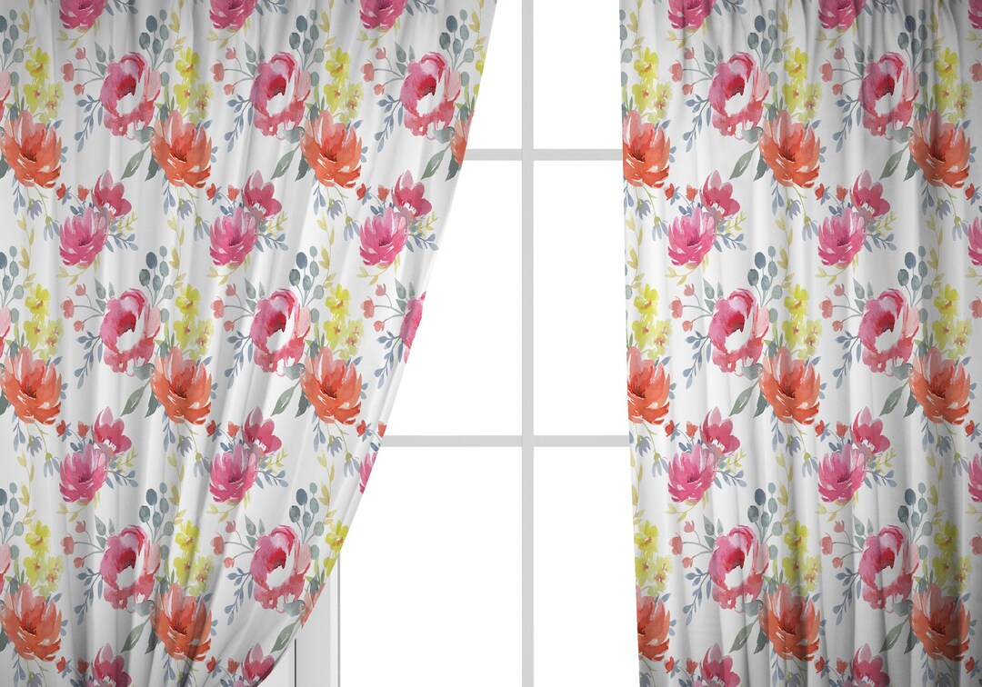 Pink Peach Rod Pocket Curtain Watercolour Floral Print Luxury Curtain ...