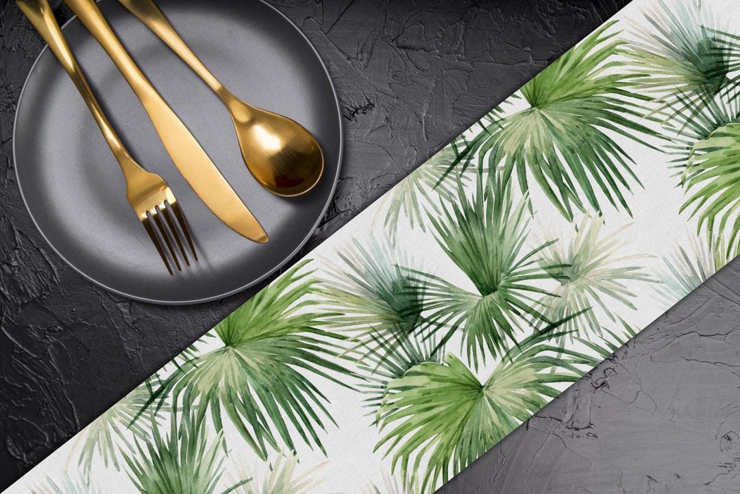Green Watercolour Tropical Pattern Table Runner Canvas Fabric Custom ...