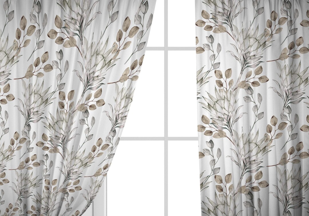 Grey Beige Rod Pocket Curtain Watercolour Eucalyptus Print Luxury ...