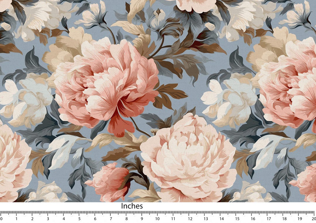 Blue Peach Cream Floral Pattern Print Fabric, Cotton Linen Canvas ...