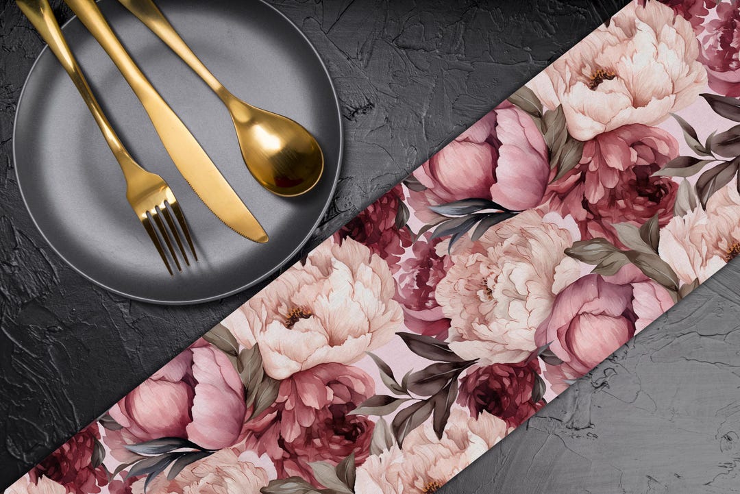 Mauve Pink Watercolour Floral Pattern Table Runner Canvas Fabric Custom ...