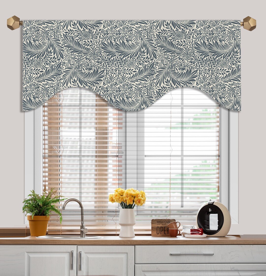Slate Blue-grey on Soft Beige Decorative Botanical Leaves Valance ...