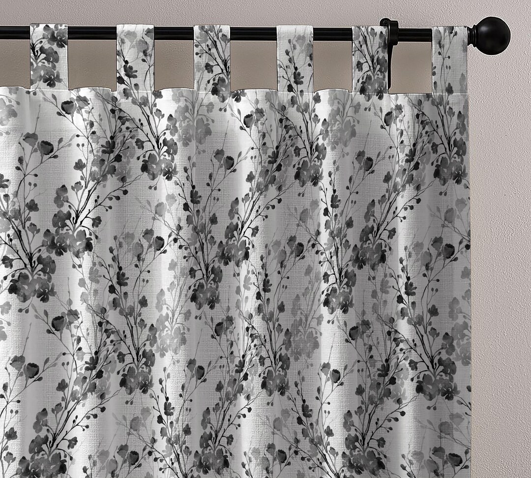 Watercolor Floral Tab Top Curtain, Black & White Canvas Fabric CU316C ...