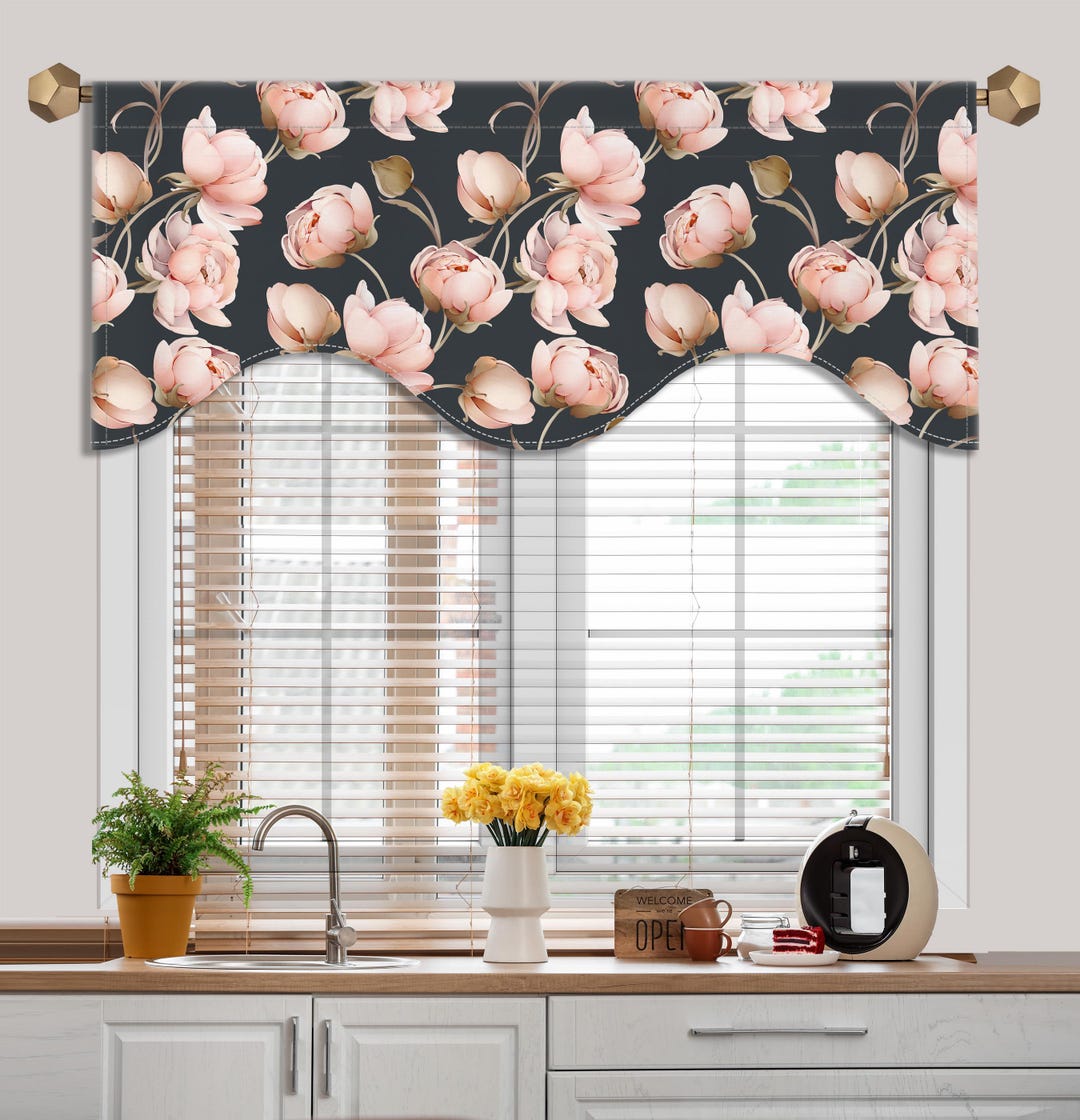 Peach Floral Scallop Valance - Black Poly Canvas Window Treatment ...