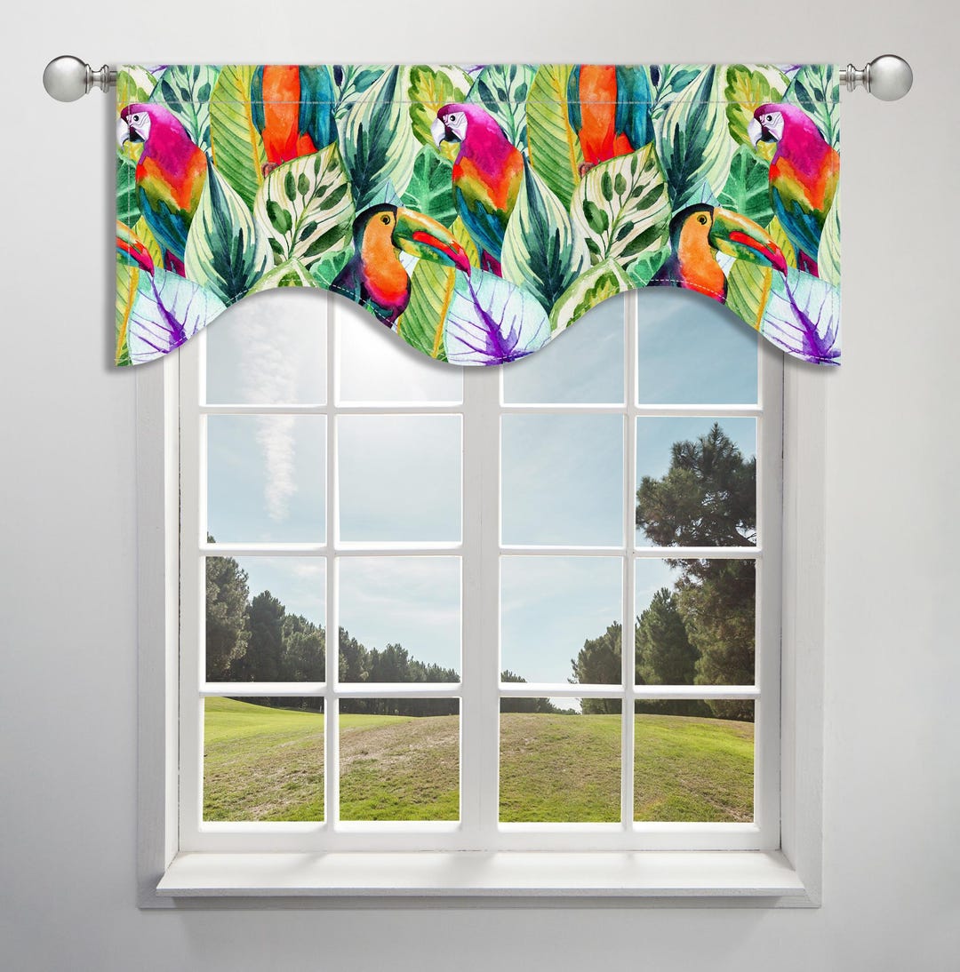 Tropical Parrot Scallop Valance: Green, Pink Watercolor Print VL142B - Etsy
