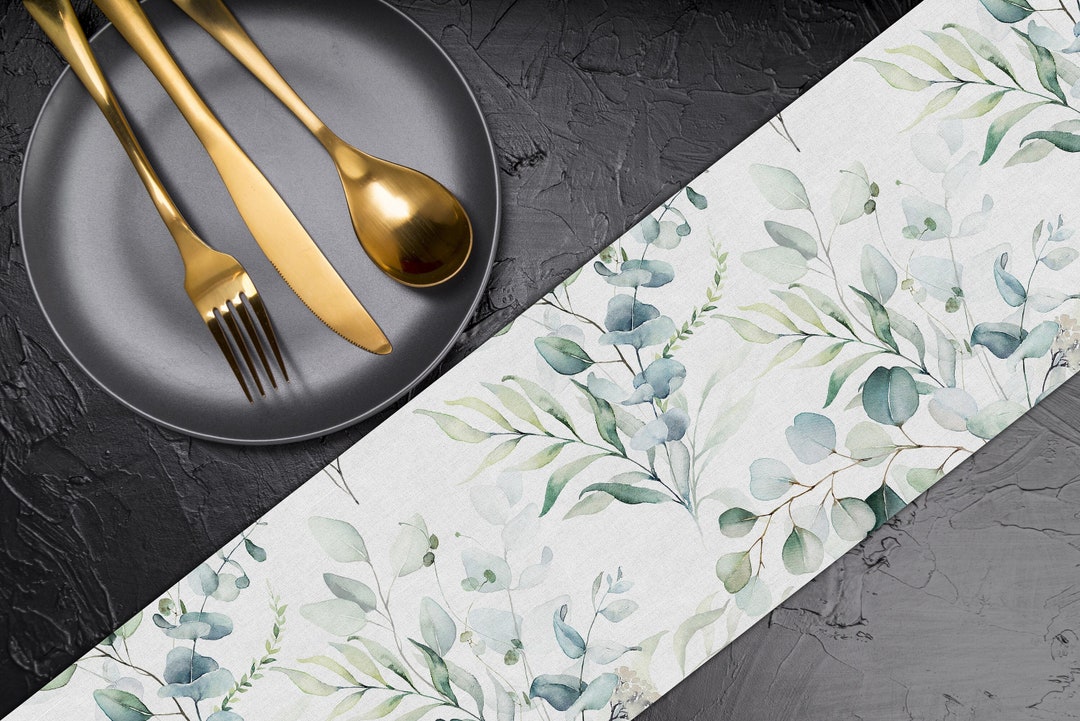 Green Blue Table Runner Watercolour Leaf Pattern Runner Custom Table ...