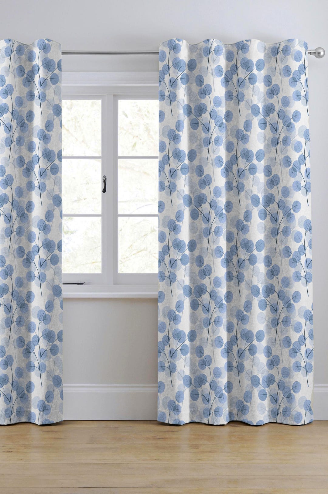 Blue White Back Tab Curtain Watercolour Leaf Print Pattern Luxury ...