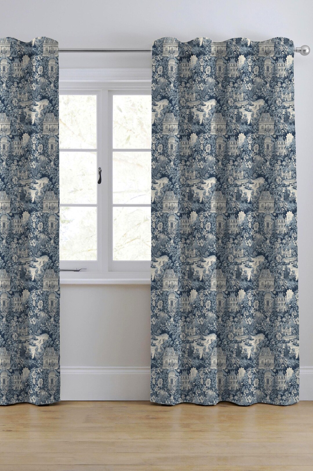 Blue Grey Back Tab Curtain Watercolour Traditional Print Luxury Curtain ...