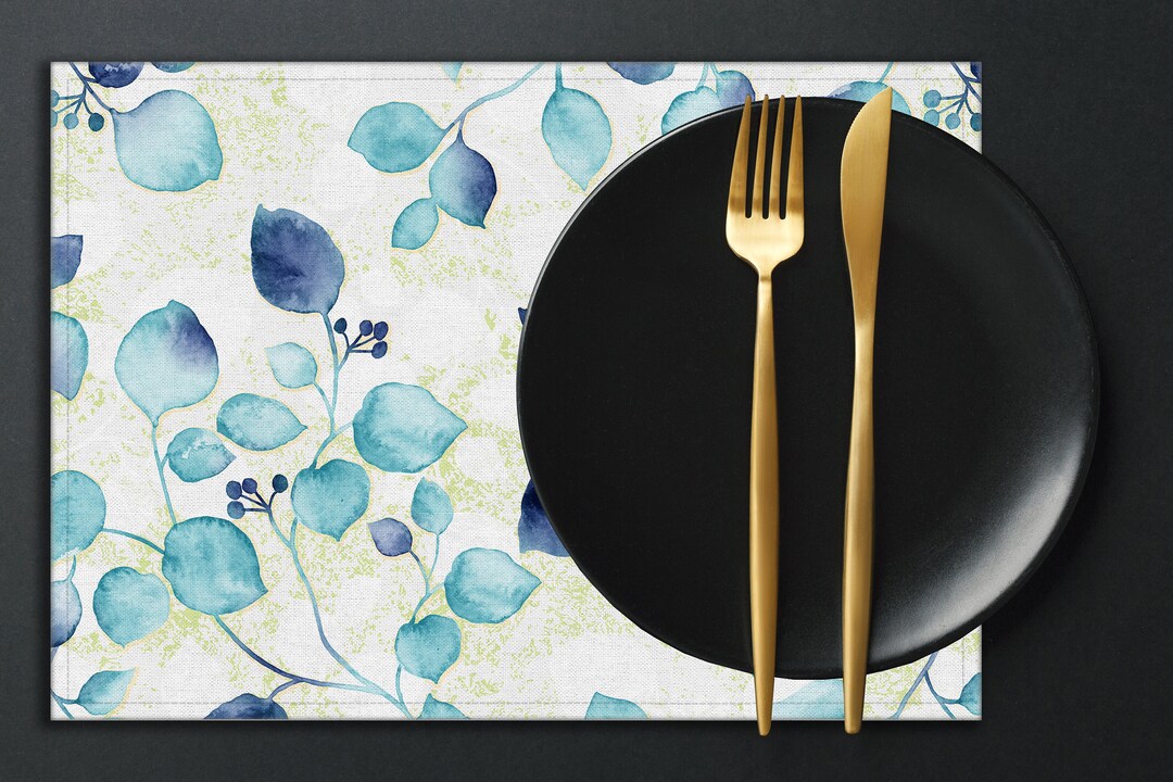 Blue Aqua Watercolour Leaf Pattern Placemat Set of 4 6 8 10 Canvas ...
