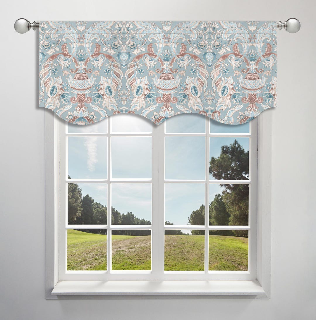 Aqua Rust Scallop Valance Watercolour Ornamental Pattern Canvas Fabric ...