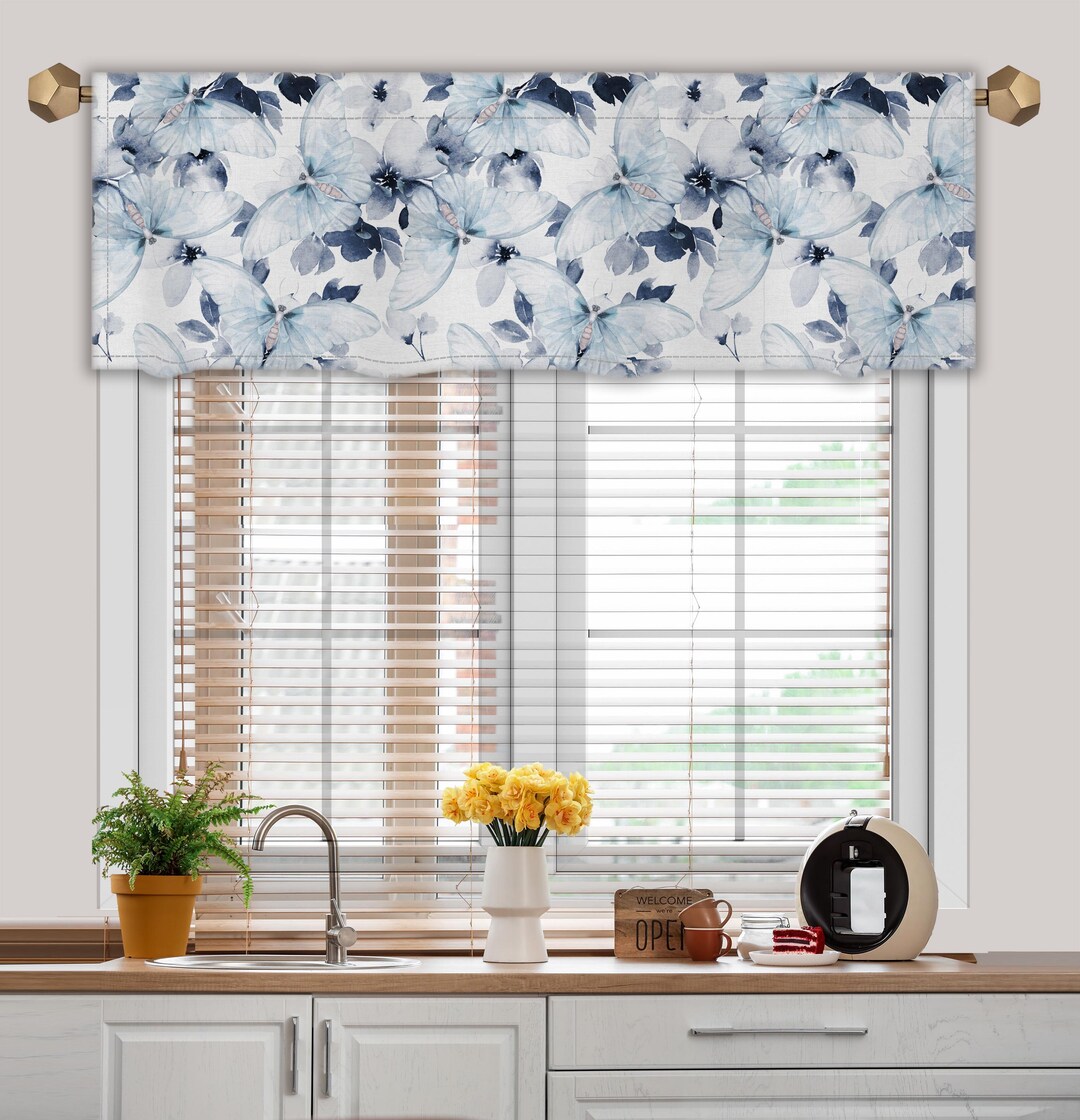 Blue White Valance Watercolour Butterfly Floral Print Pattern Custom ...