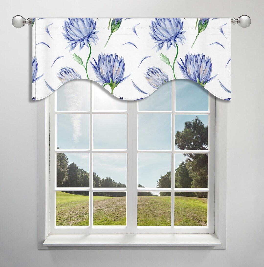Blue Lotus Scallop Valance, Watercolor Floral Print, Poly Canvas VL162B ...