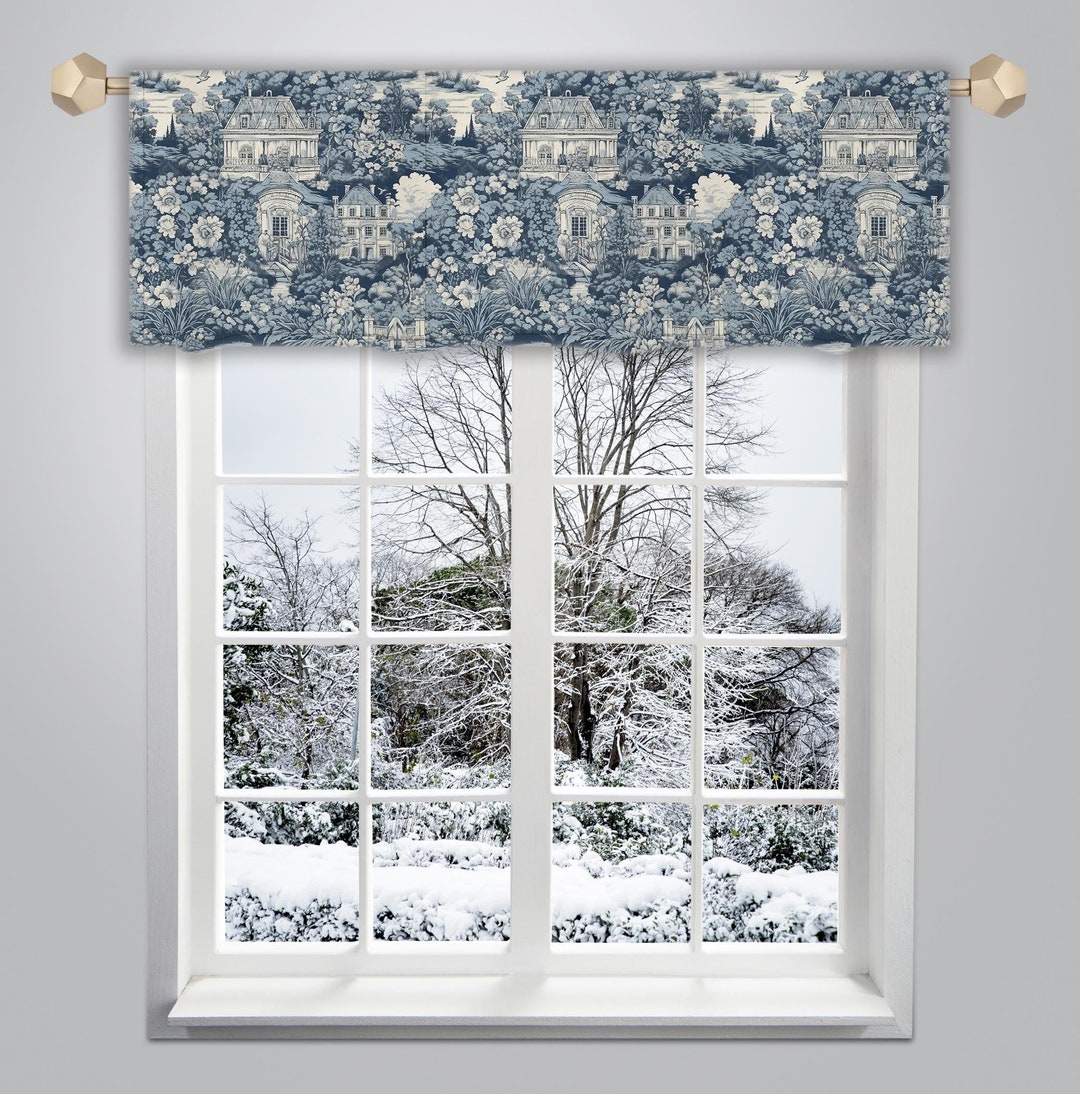 Blue Grey French Toile Valance Watercolour Traditional Pattern Valance ...