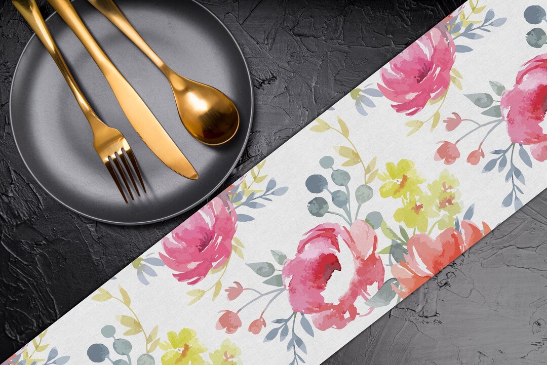 Pink Yellow Orange Table Runner Watercolour Floral Pattern Table Runner ...