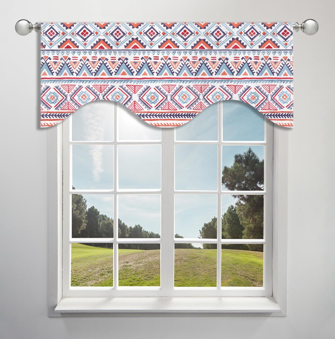 Red Blue White Scallop Valance Watercolour Aztec Print Pattern Canvas ...