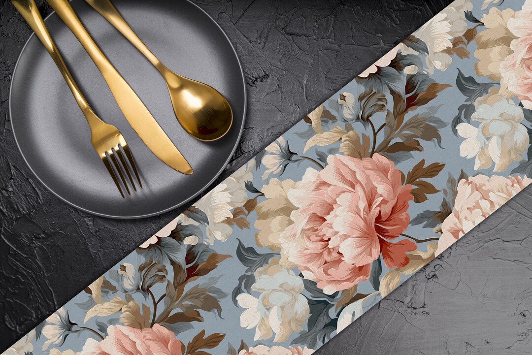 Blue Peach Table Runner Watercolour Floral Print Table Runner Custom ...