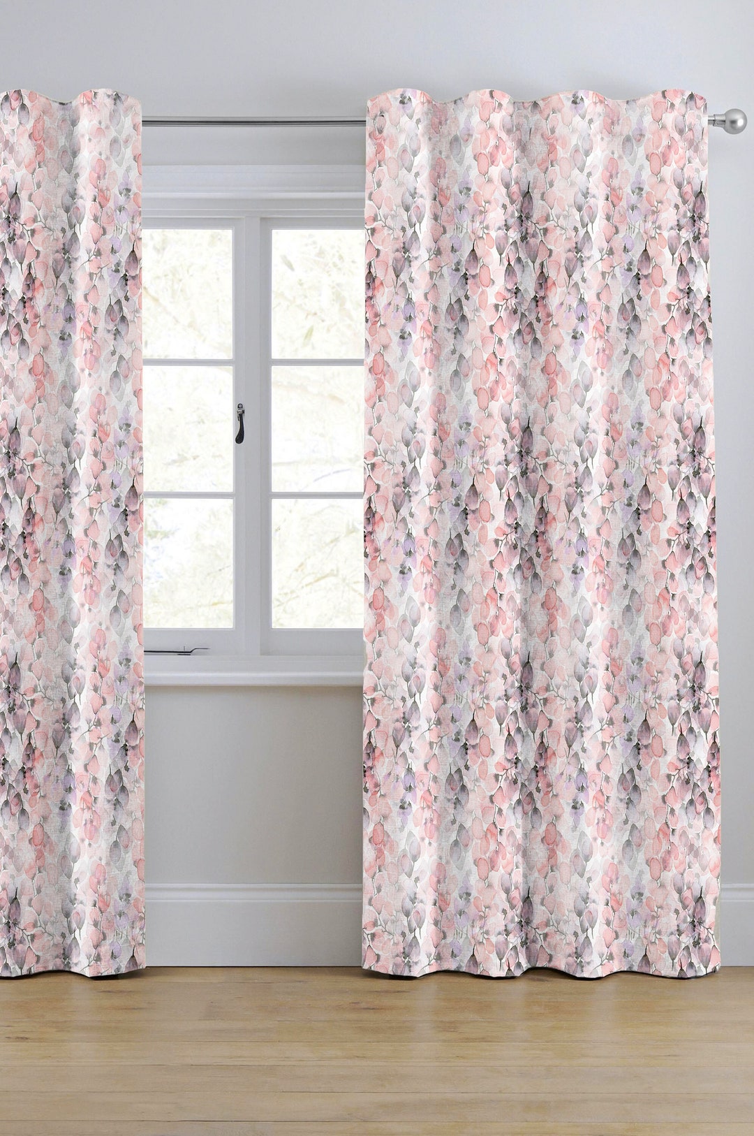 Peach Grey Watercolour Leaf Pattern Window Curtain Peach Grey Drapes ...