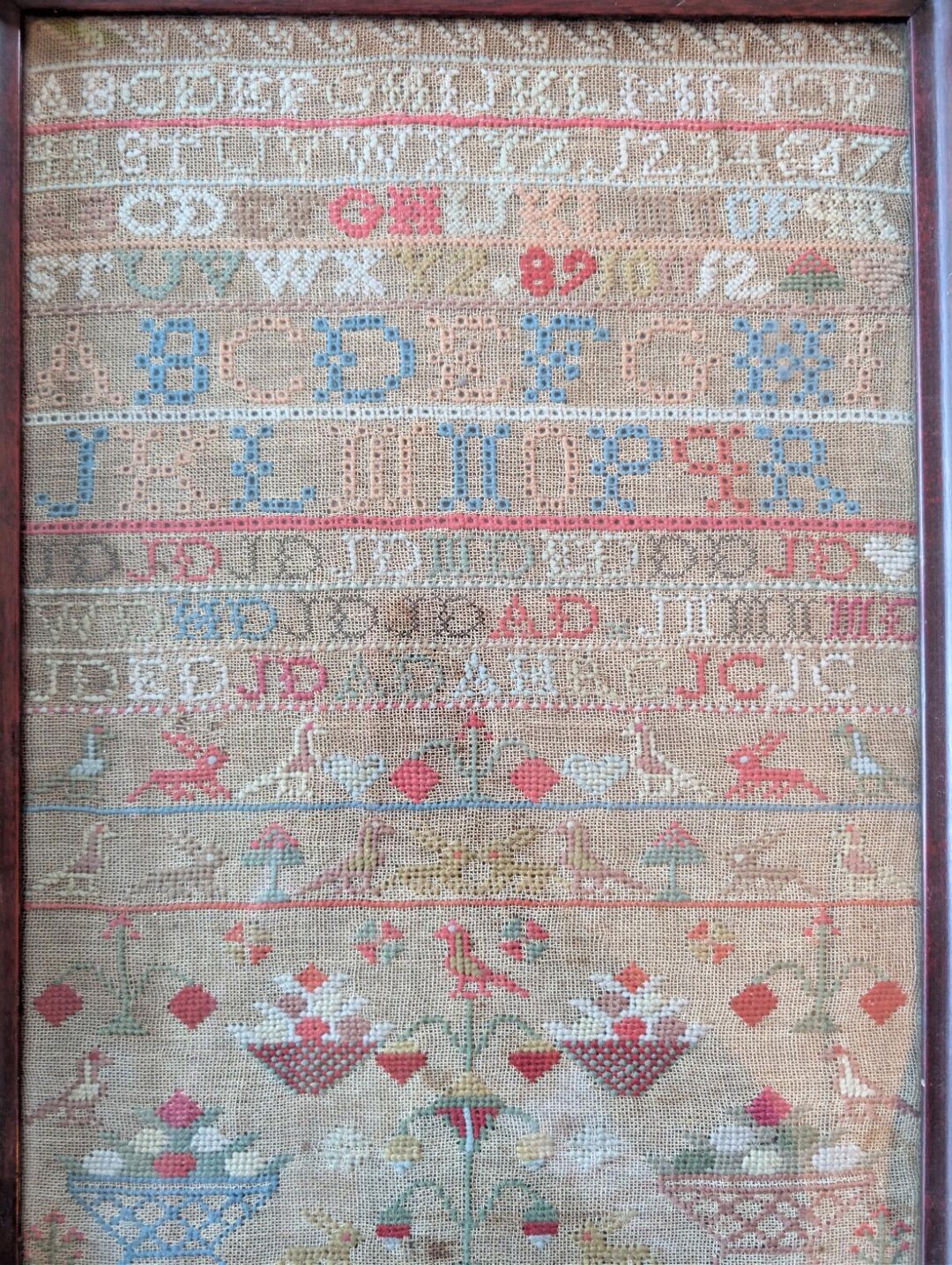 Antique 19thc Schoolgirl Band Sampler W/ Alphabets & Motifs Framed Folk ...