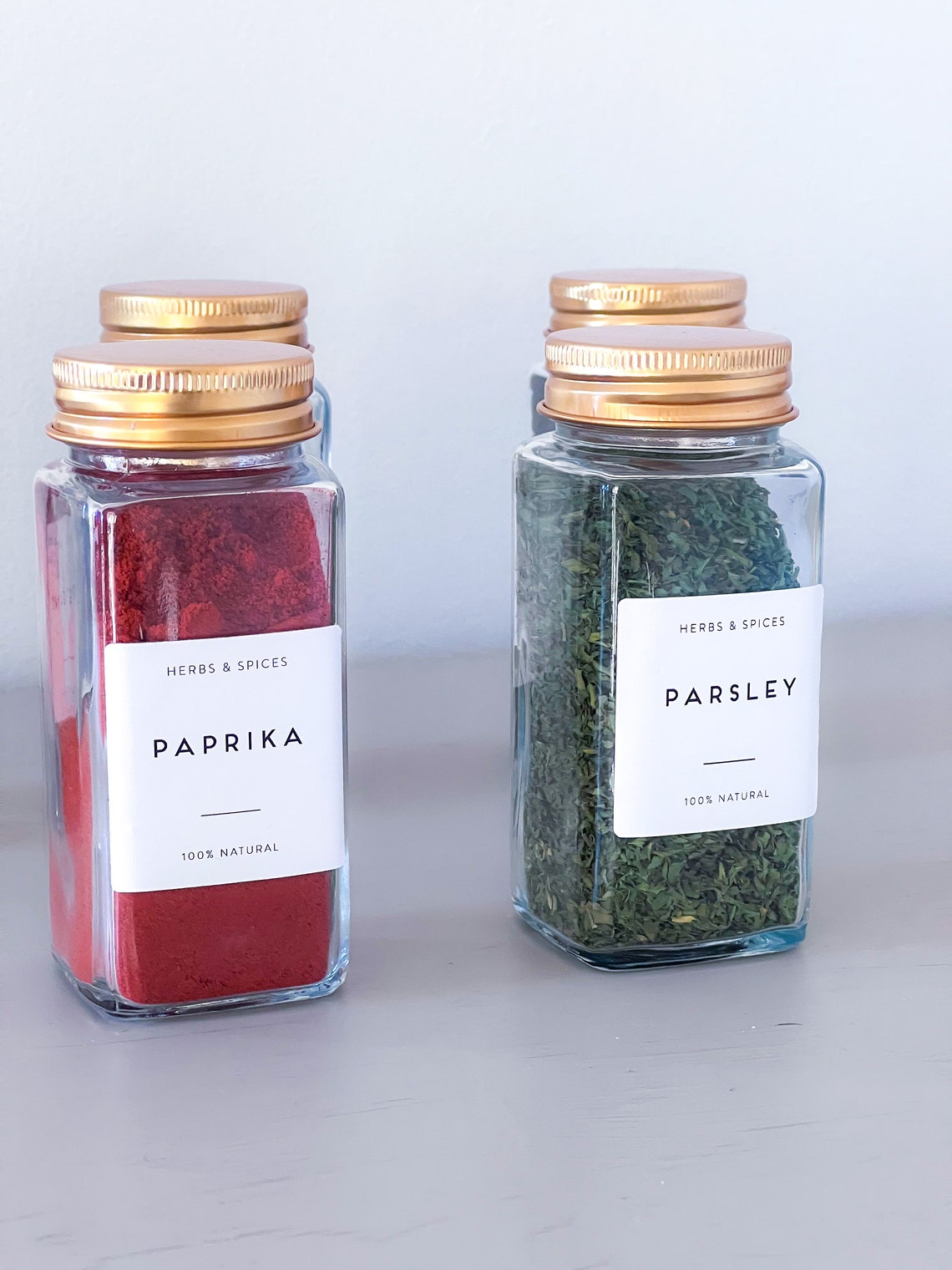 Labelled Square Spice Jars With Shaker Inside Tops and Gold Lids - Set ...