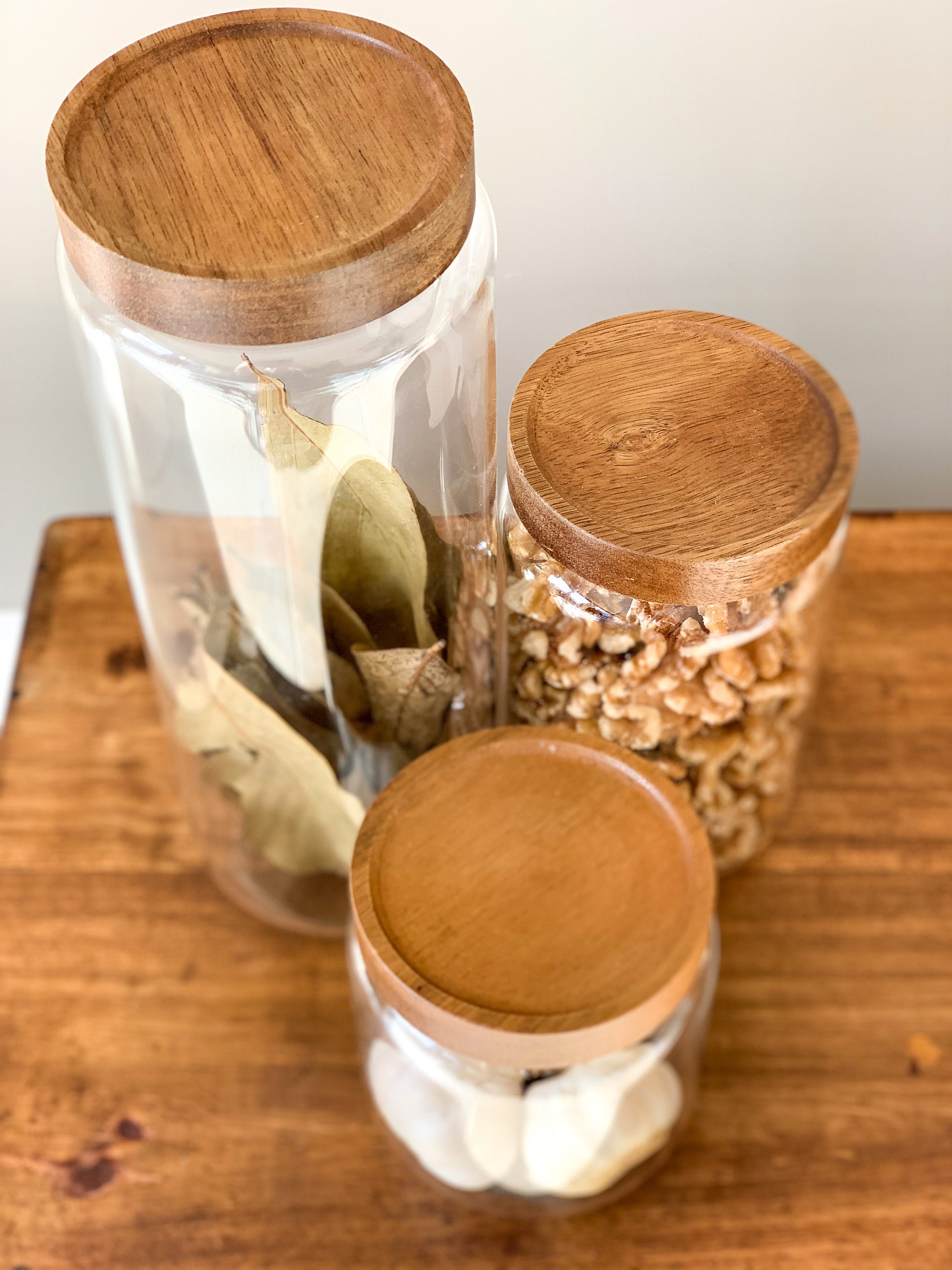 Glass Pantry Jars With Wooden Lids - 3 Sizes - Eco Food Jars, Pantry ...