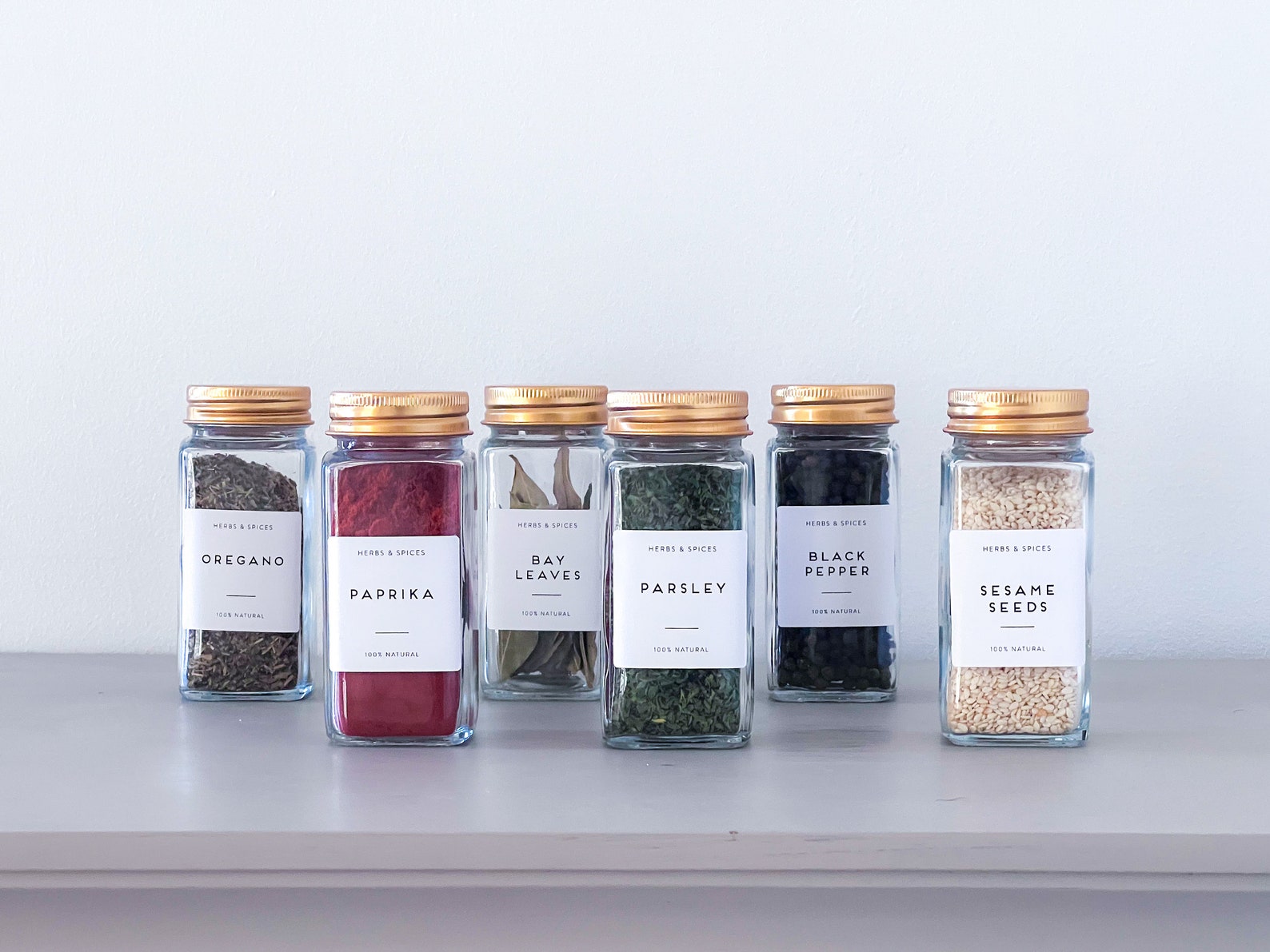 Labelled Square Spice Jars With Shaker Inside Tops and Gold Lids - Set ...