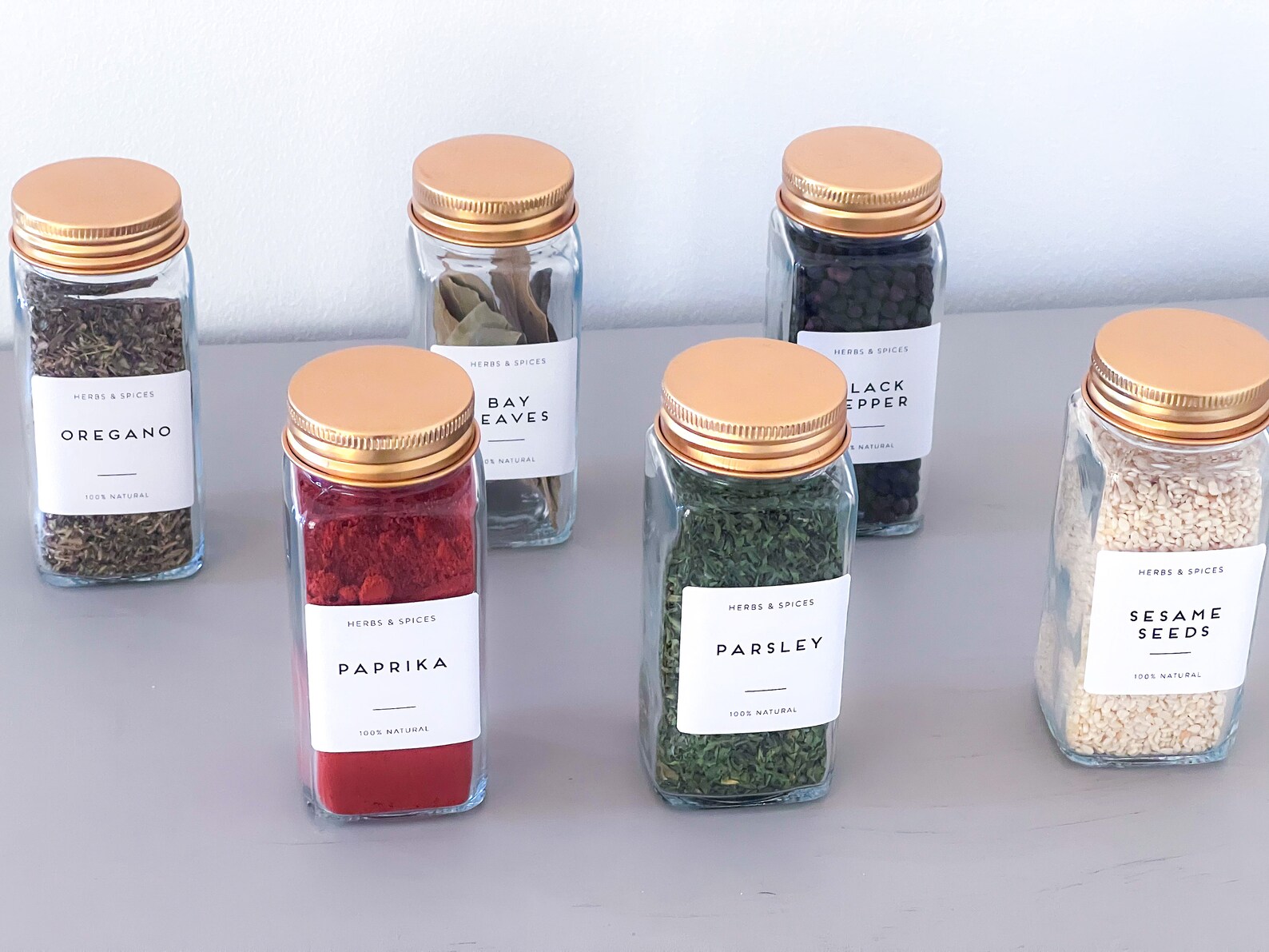 Labelled Square Spice Jars With Shaker Inside Tops and Gold Lids - Set ...