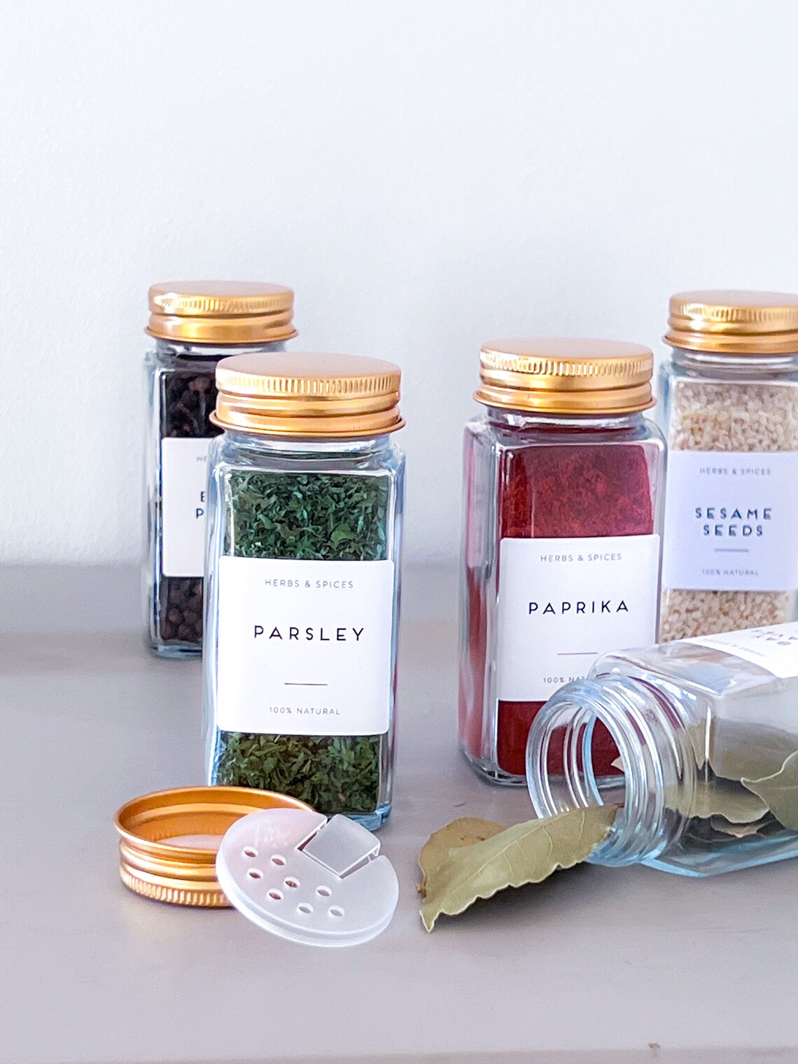 Labelled Square Spice Jars With Shaker Inside Tops and Gold Lids - Set ...