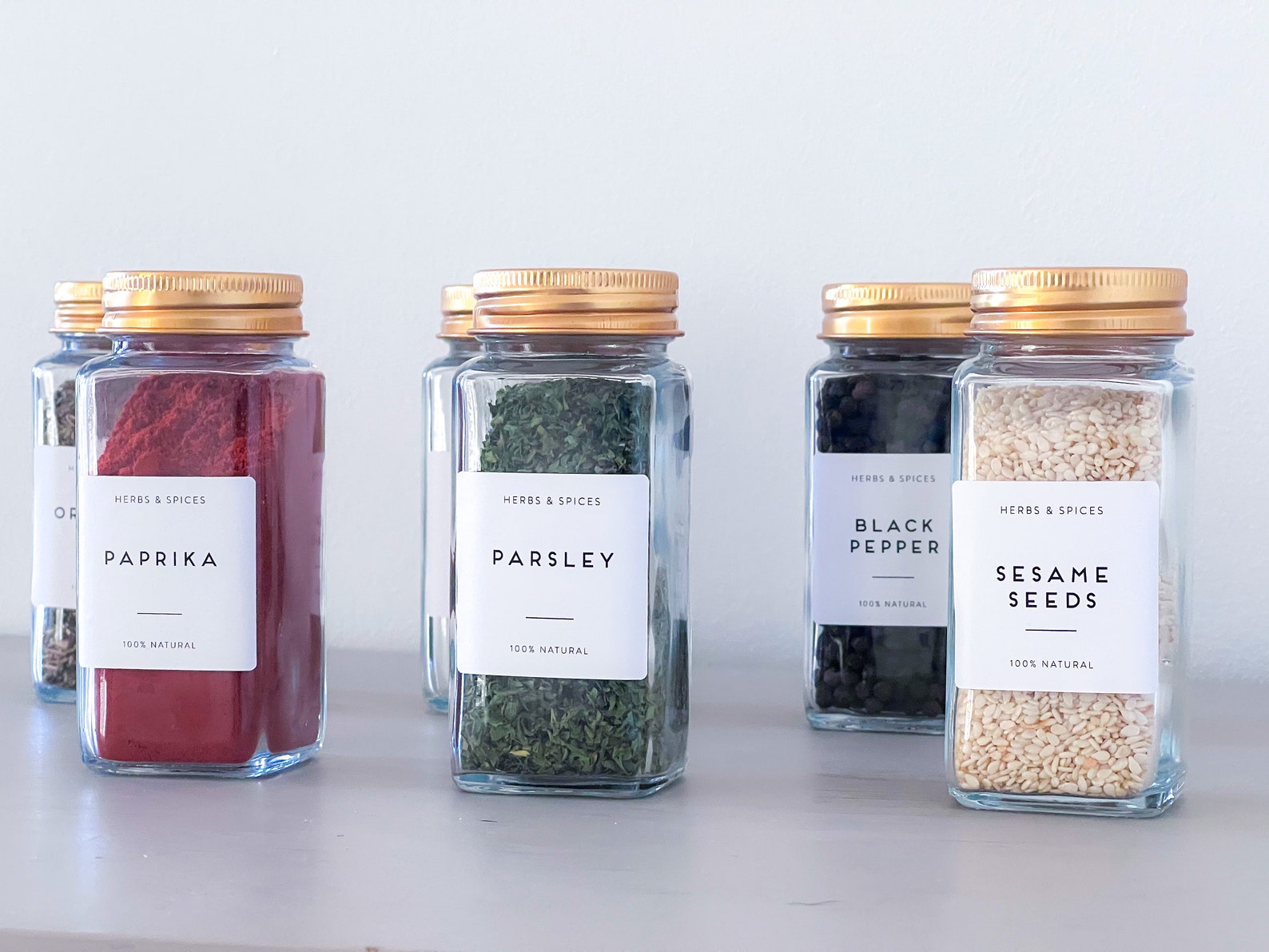 Labelled Square Spice Jars With Shaker Inside Tops and Gold Lids - Set ...