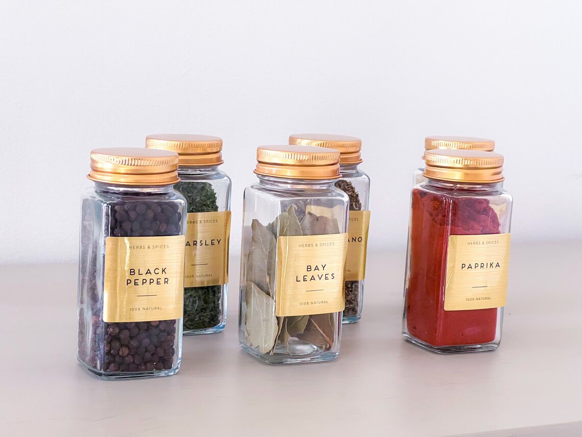 Labelled Square Spice Jars With Shaker Inside Tops and Gold Lids - Set ...