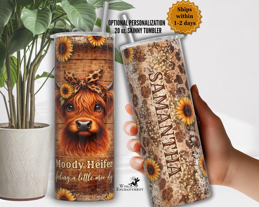 Rustic Sunflower Highland Cow Heifer 20 Oz. Skinny Tumbler, Moody ...