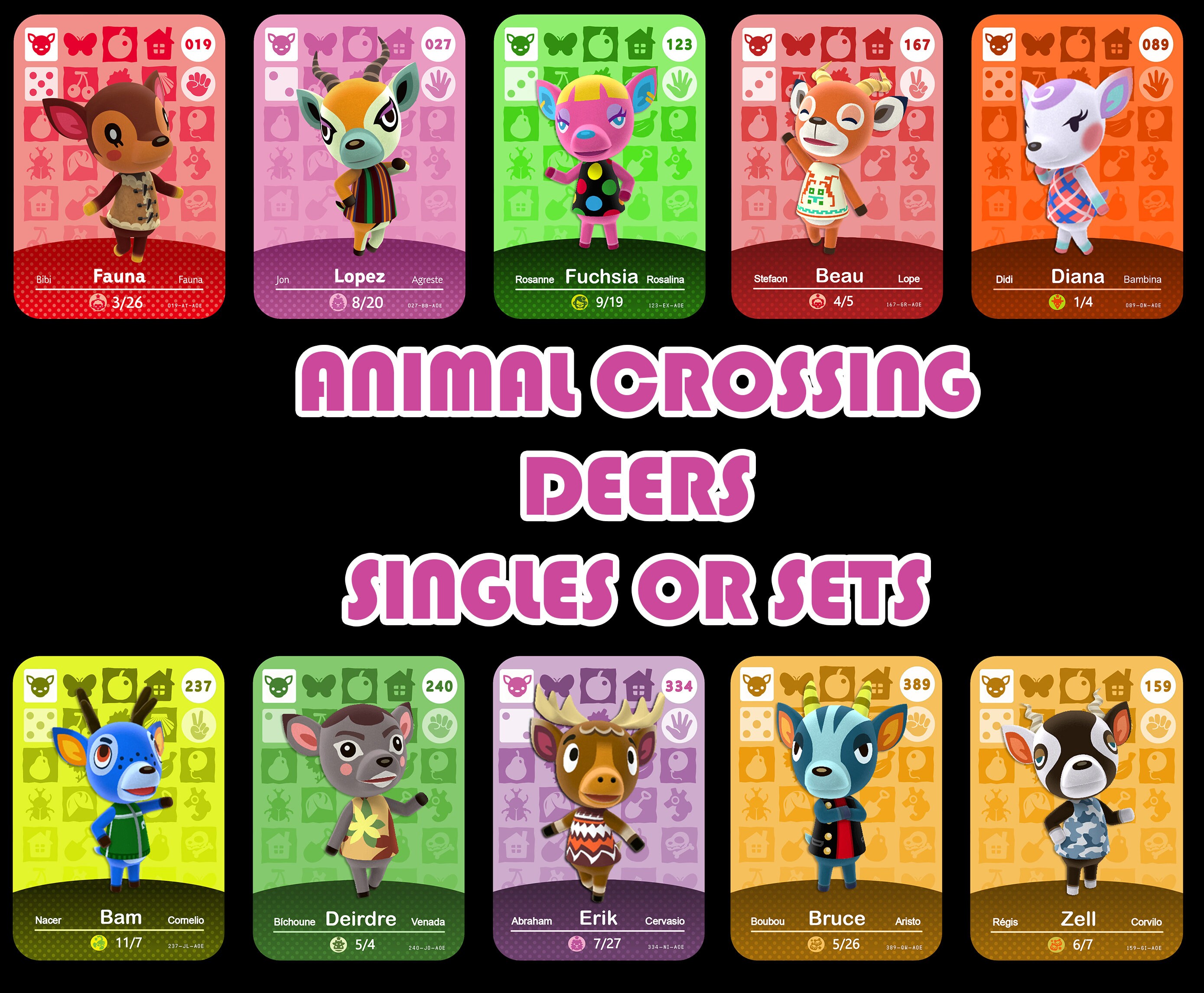 Animal Crossing DEER Amiibo Cards ACNH Bam Beau Bruce | Etsy