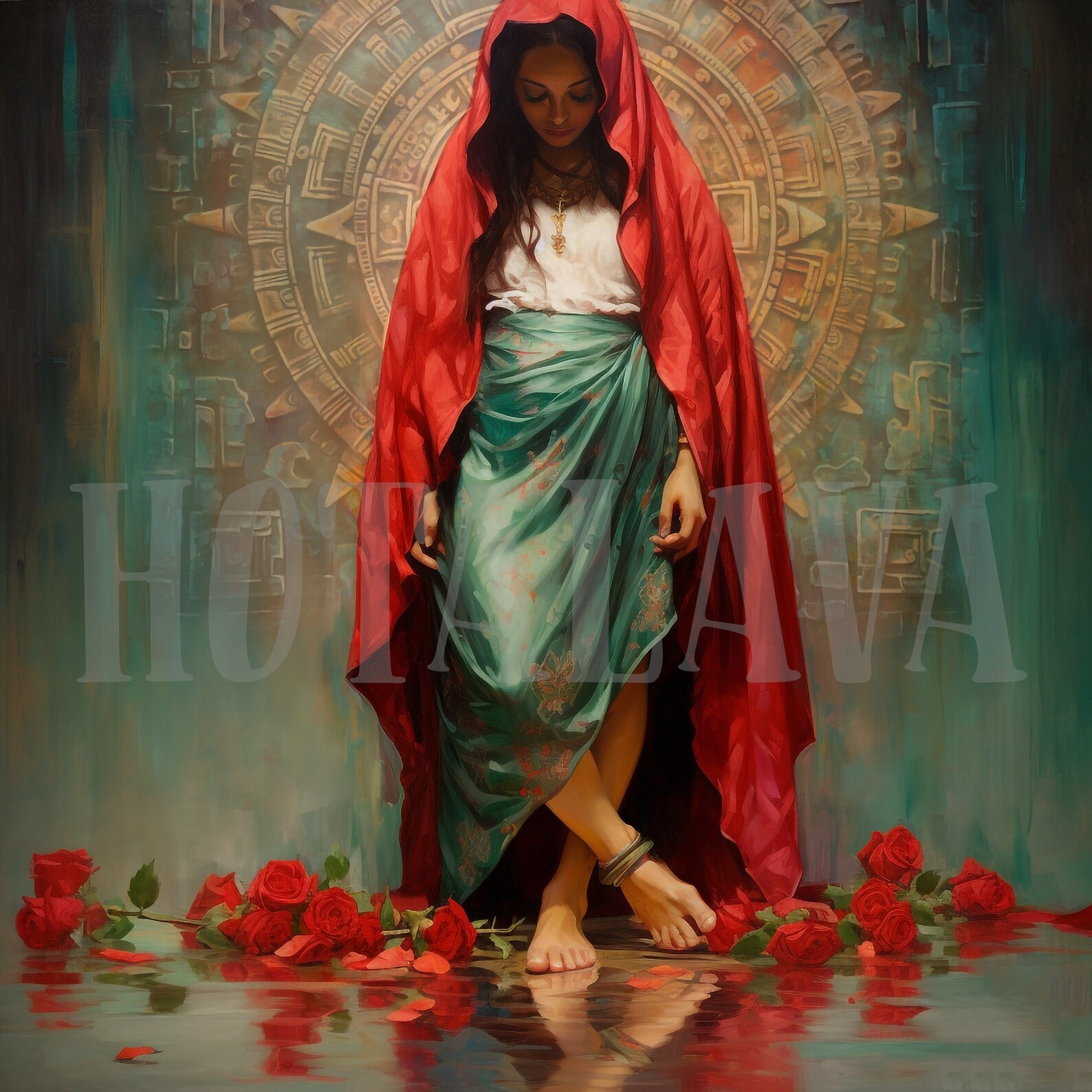 Woman in Mexican Robe and Colors With Aztec Calendar Behind, Mexican ...