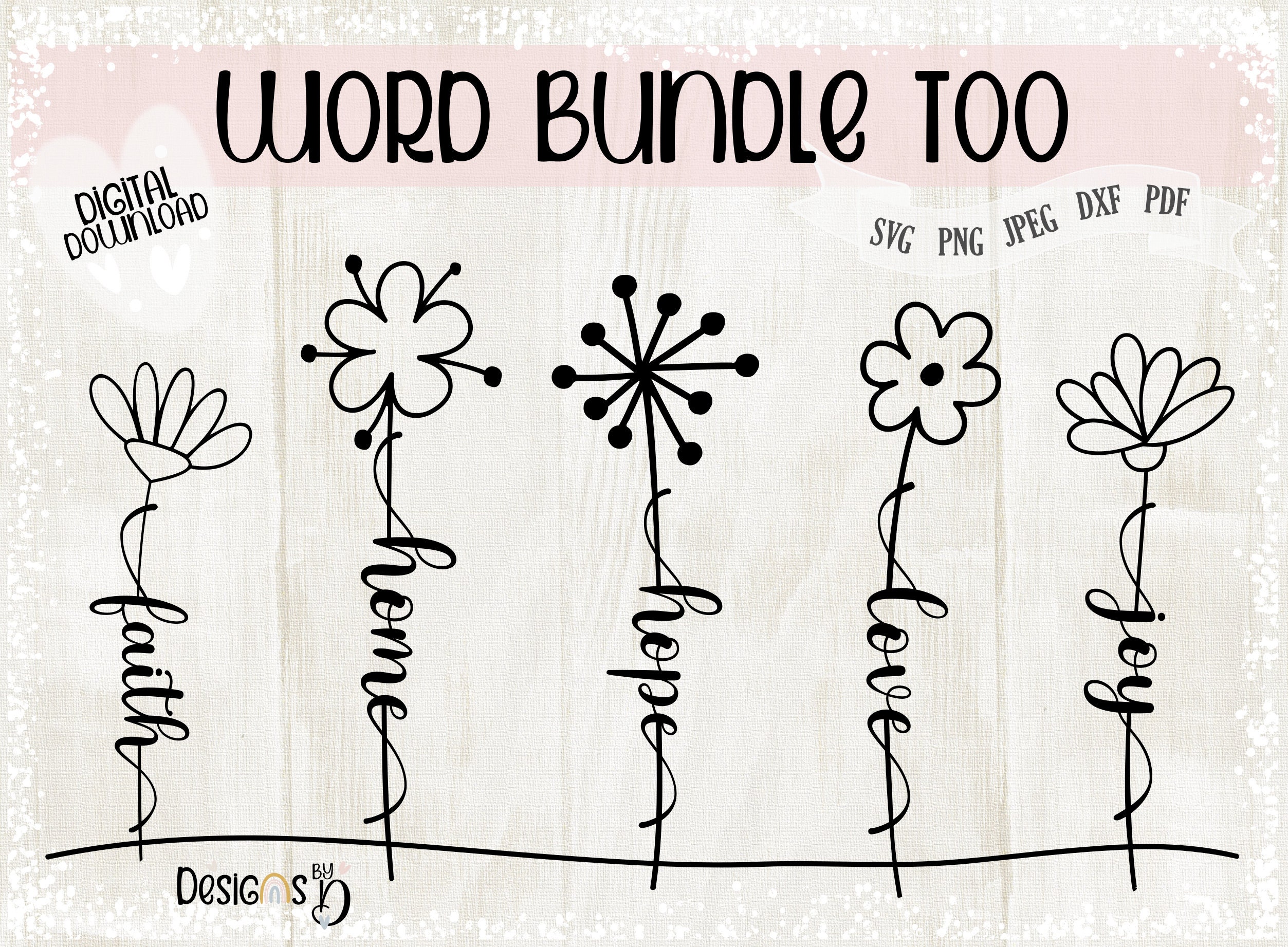 Word Bundle Too is Floral Word Designs for Cutting or - Etsy