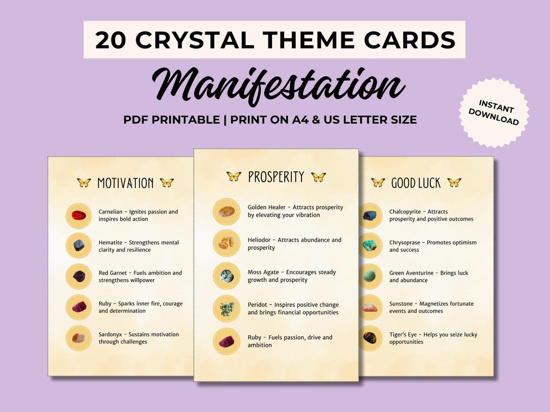 20 Printable Crystal Theme Cards, Crystals for Manifestation, Crystal ...