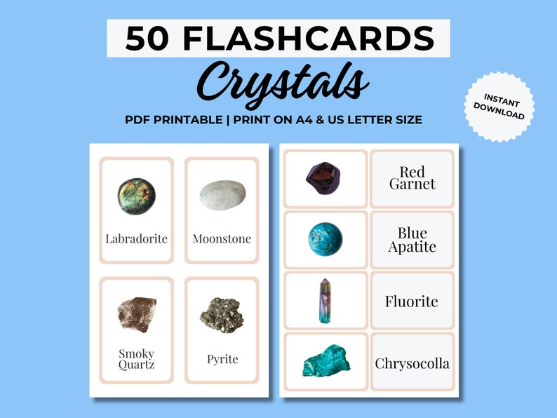 50 Printable Crystal Flashcards, Learning Cards, Crystal Healing ...