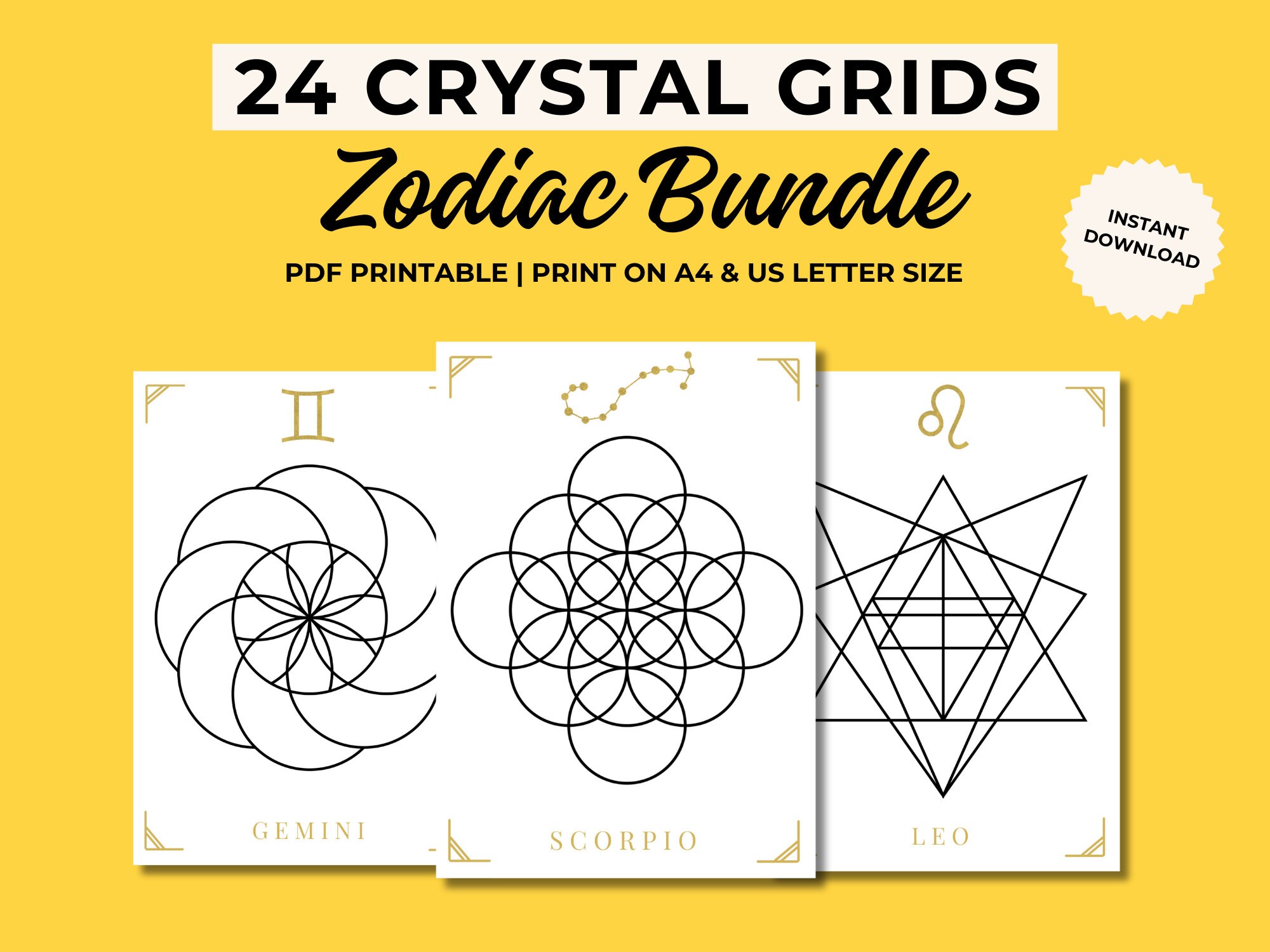 24 Printable Crystal Grid Templates, Zodiac Crystal Grids, Sacred ...