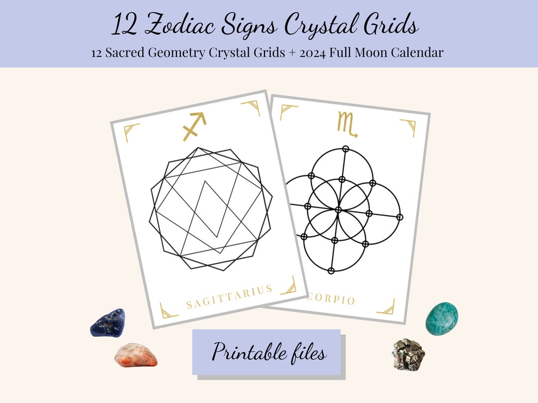 12 Zodiac Signs Printable Crystal Grid Templates, Crystal Grids, Sacred ...