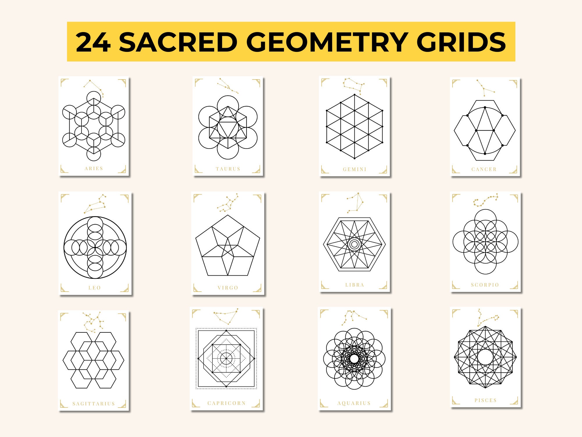 24 Printable Crystal Grid Templates, Zodiac Crystal Grids, Sacred ...