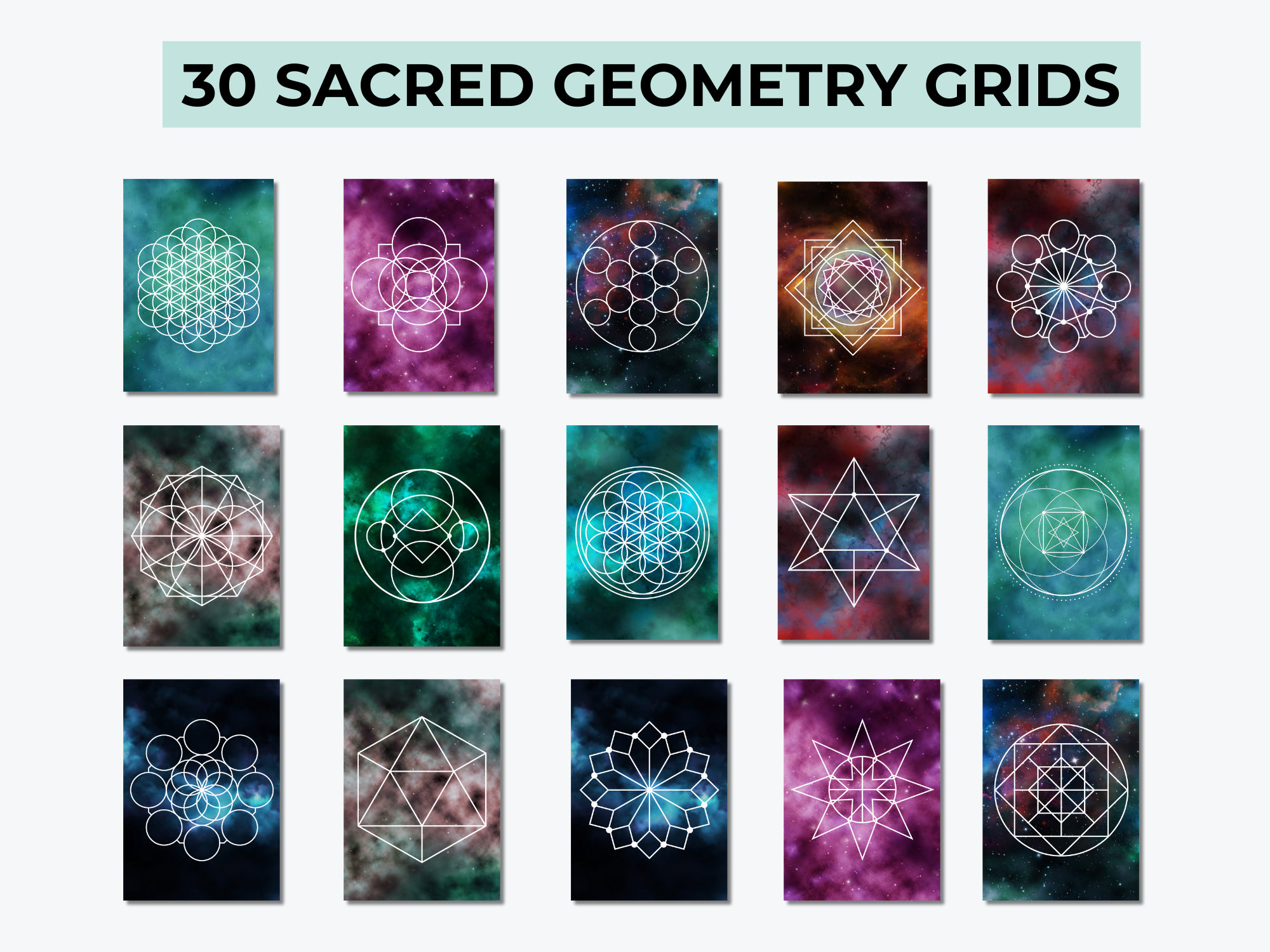 30 Printable Crystal Grid Templates, Galaxy Crystal Grids, Sacred ...