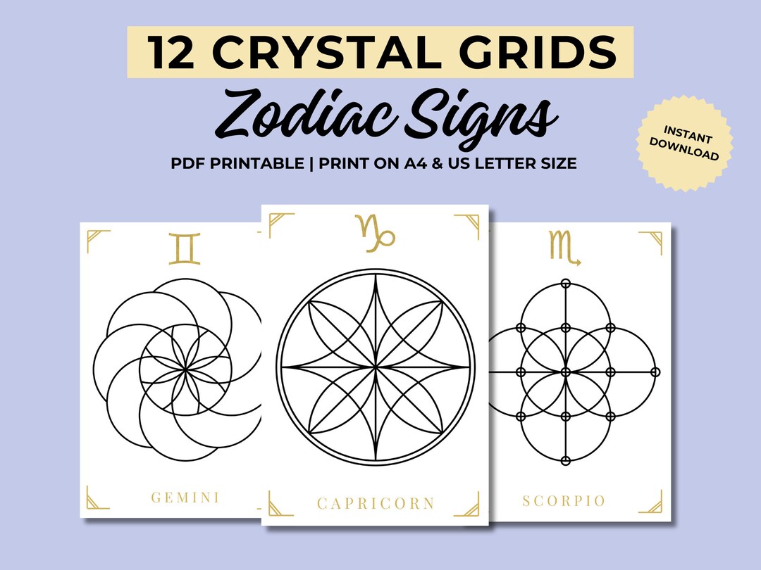 12 Zodiac Signs Printable Crystal Grid Templates, Crystal Grids, Sacred ...