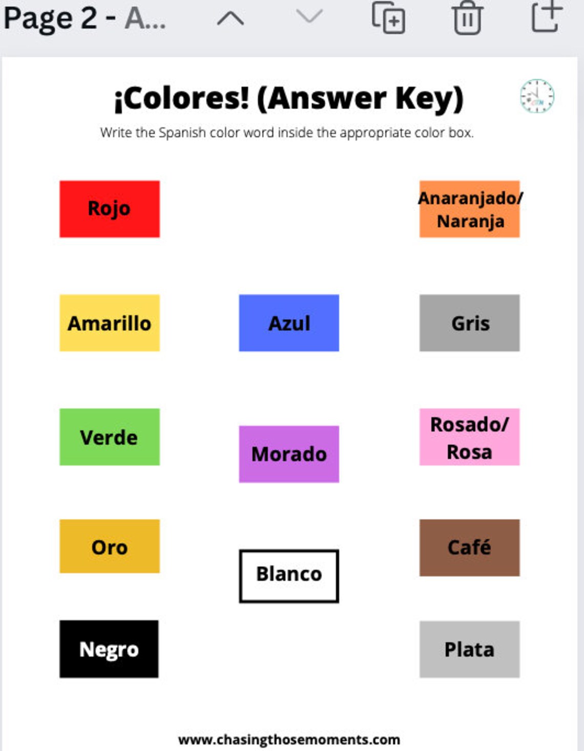 Spanish Colors Worksheet With Answer Key - All Ages - Etsy