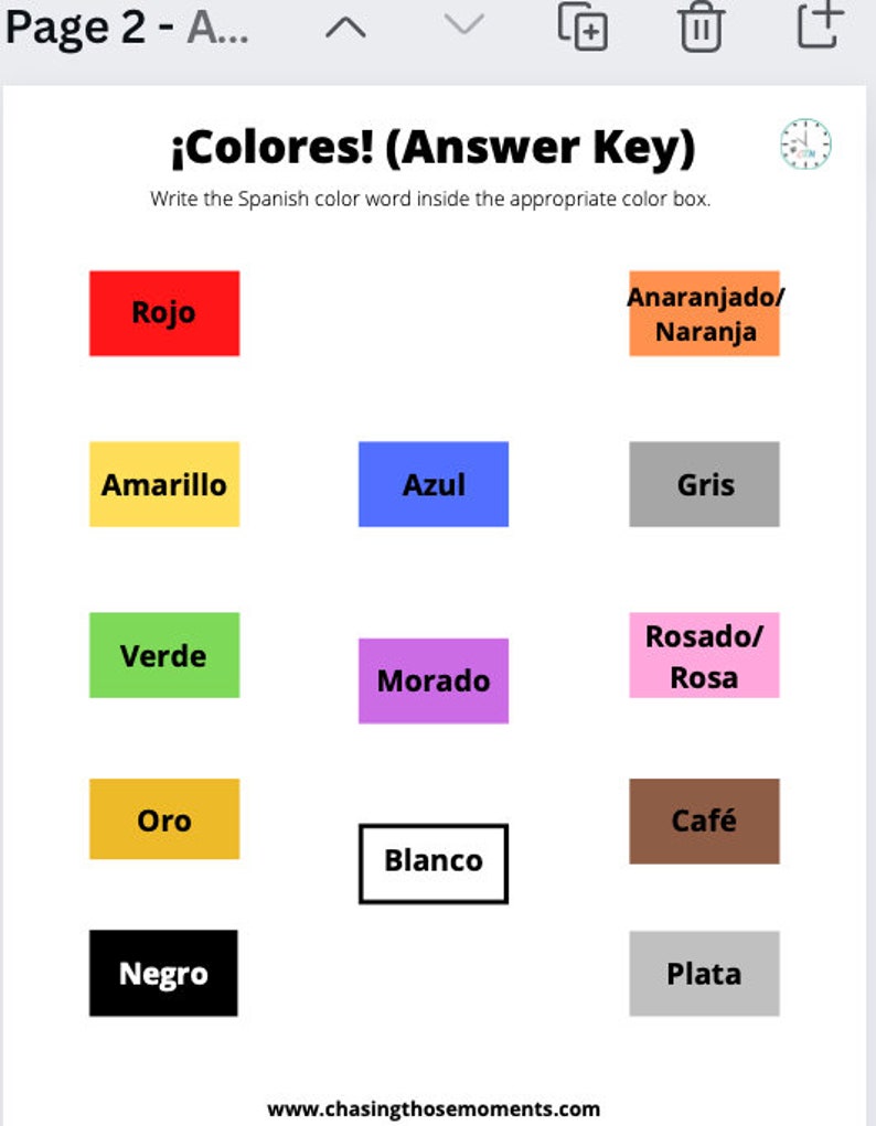 Spanish Colors Worksheet With Answer Key - All Ages - Etsy