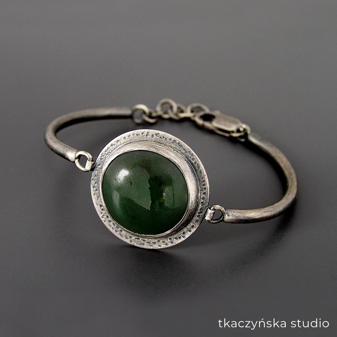 Nephrite Raw Bracelet, Round Nephrite Jade Patinated Bracelet, Green ...