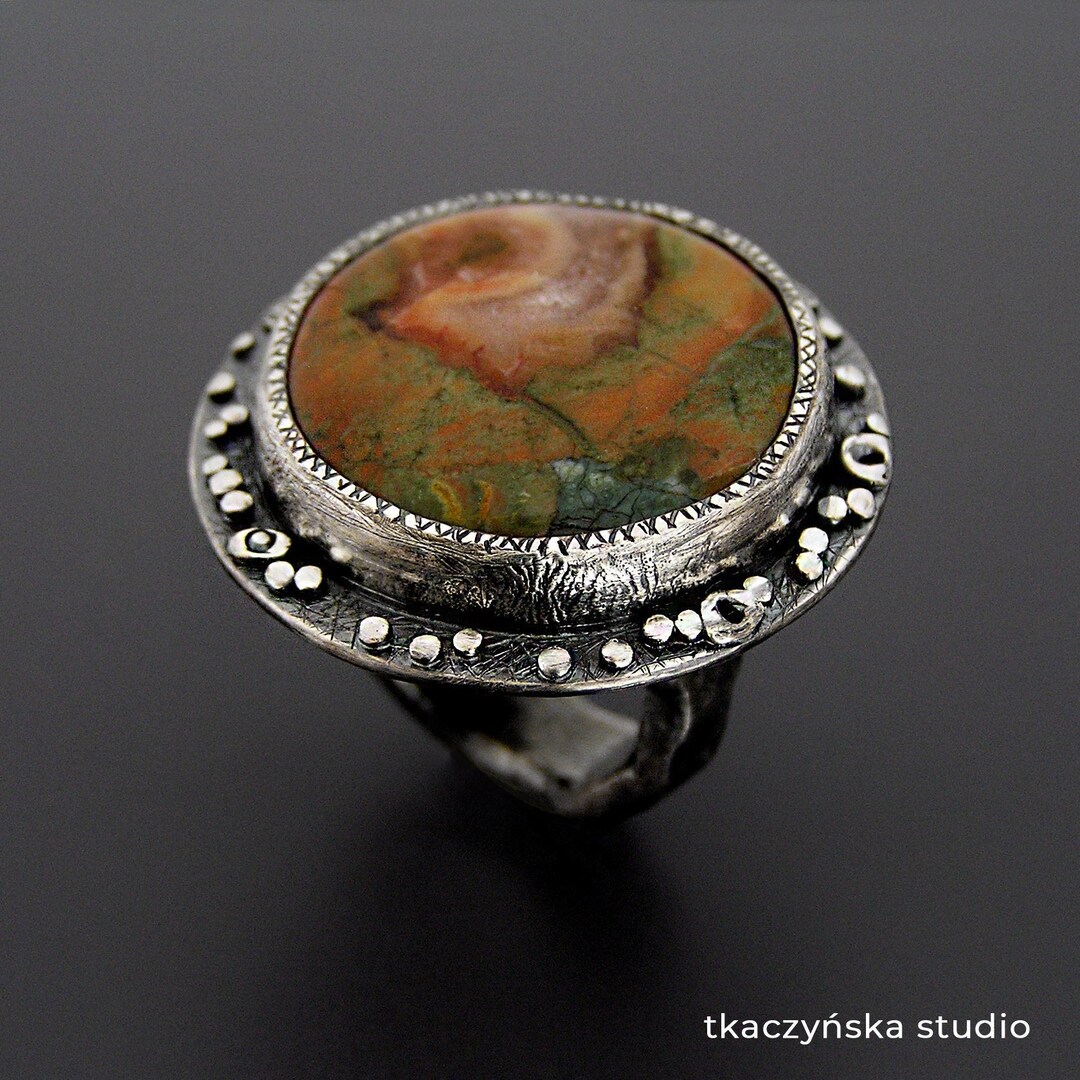 Statement Rhyolite Ring: Patinated Sterling Silver, Multicolor ...