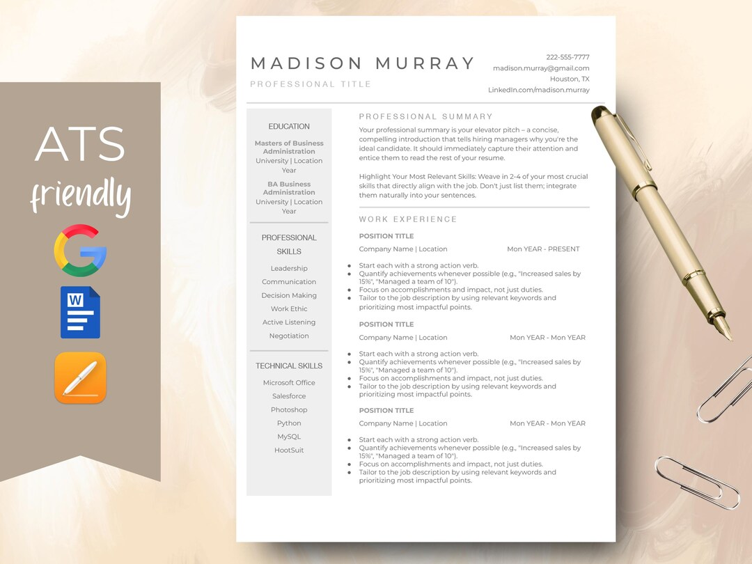 Resume Template Google Docs, MS Word, Mac Pages, Modern Resume Template ...