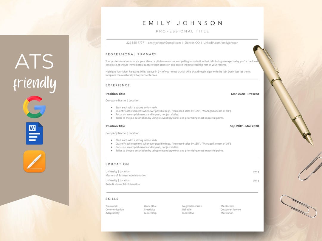 ATS Resume Template Word, Google Docs, Pages | Professional ATS ...
